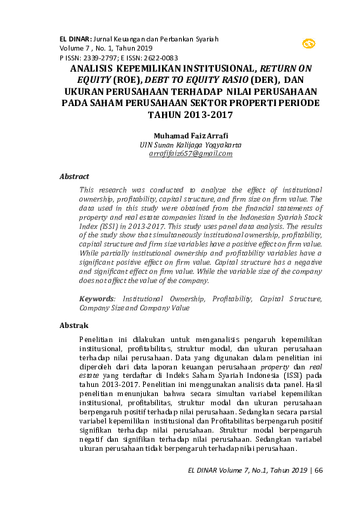 (PDF) Analisis Kepemilikan Institusional, Return on Equity (Roe), Debt ...