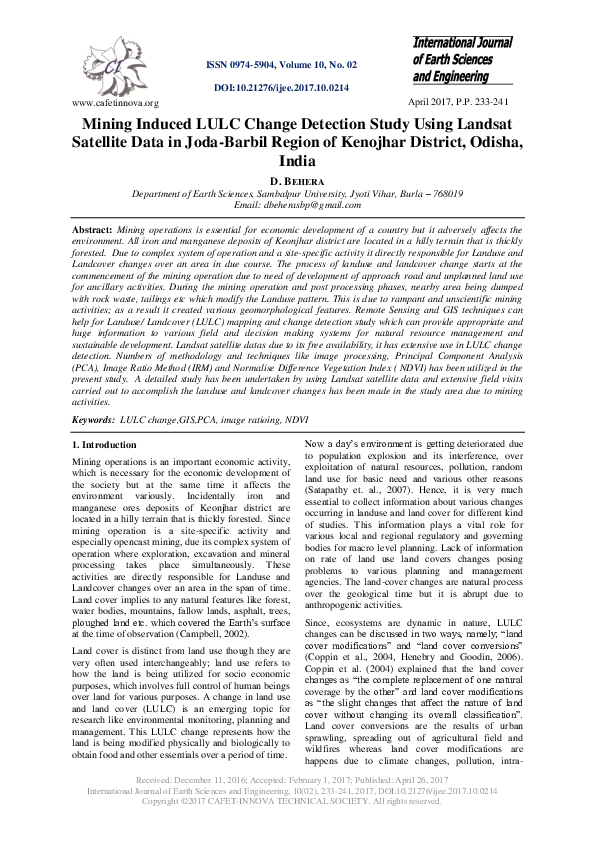 (PDF) Mining Induced LULC Change Detection Study Using Landsat Satellite Data in Joda-Barbil ...