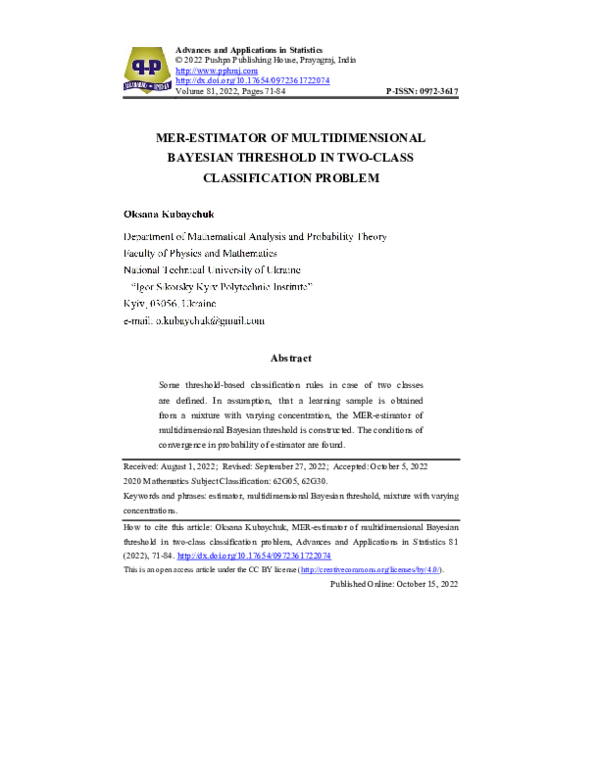 (PDF) Mer-Estimator of Multidimensional Bayesian Threshold in Two-Class Classification Problem