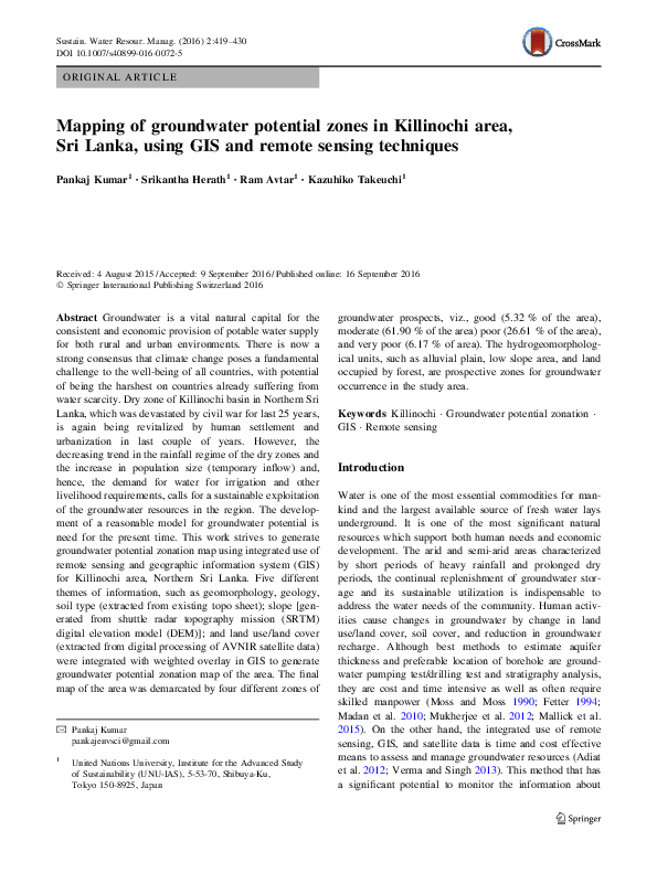 Pdf Mapping Of Groundwater Potential Zones In Killinochi Area Sri Lanka Using Gis And Remote