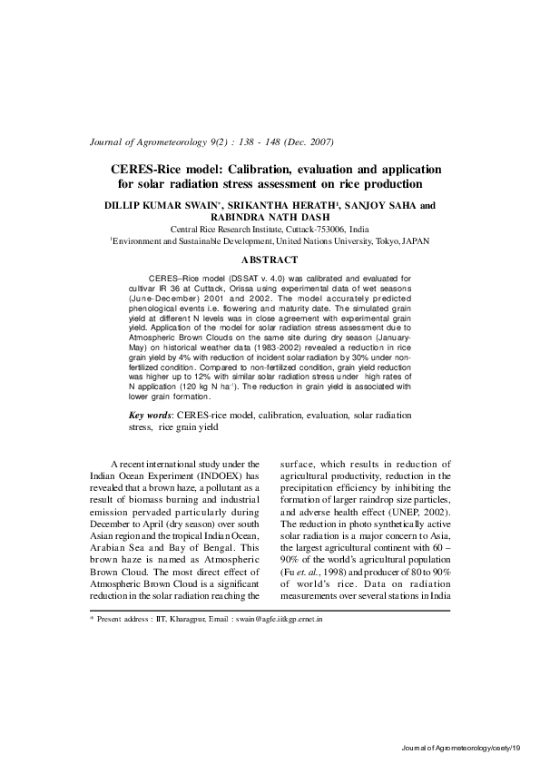 (PDF) CERES-Rice model: Calibration, evaluation and application for ...