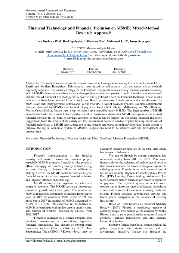 (PDF) Financial Technology and Financial Inclusion on MSME:Mixed-Method ...