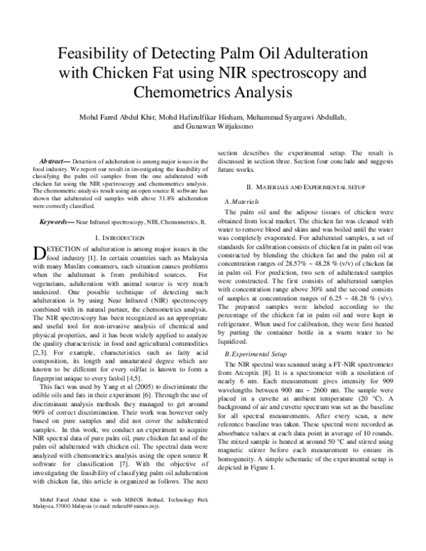 Pdf Feasibility Of Detecting Palm Oil Adulteration With Chicken Fat Using Nir Spectroscopy And