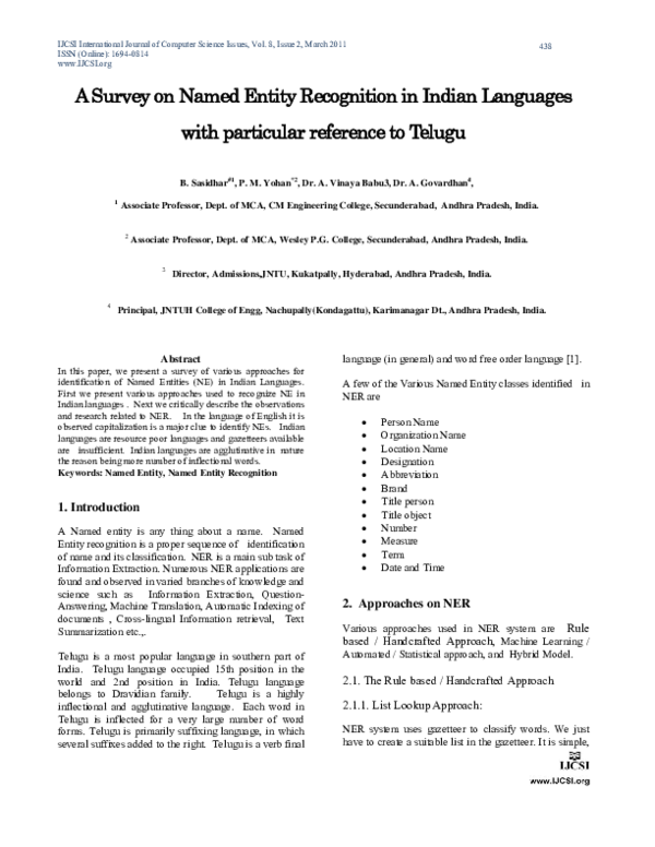 (PDF) A Survey on Named Entity Recognition in Indian Languages with ...