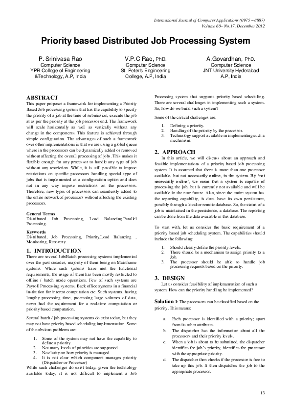 (PDF) Priority based Distributed Job Processing System