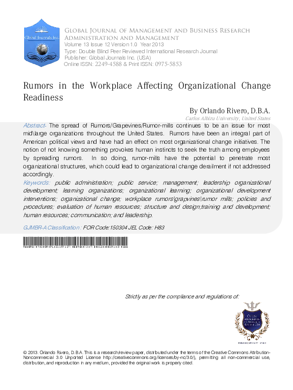 (PDF) Rumors in the Workplace Affecting Organizational Change Readiness