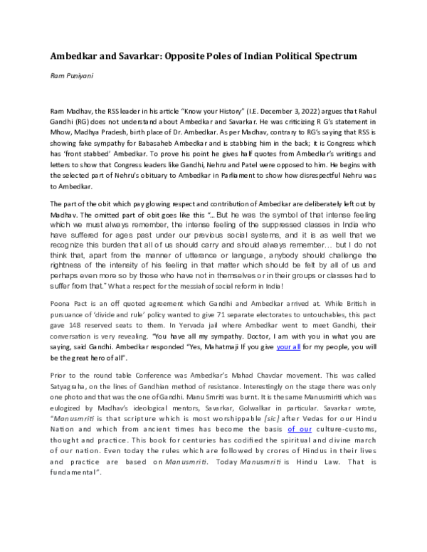 (DOC) Ambedkar and Savarkar: Opposite Poles of Indian Political Spectrum