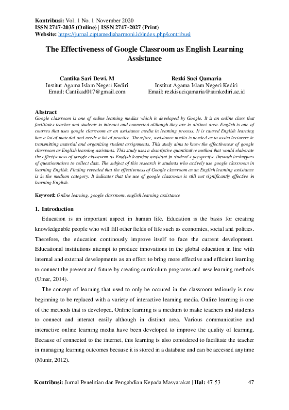 (PDF) The Effectiveness of Google Classroom as English Learning Assistance