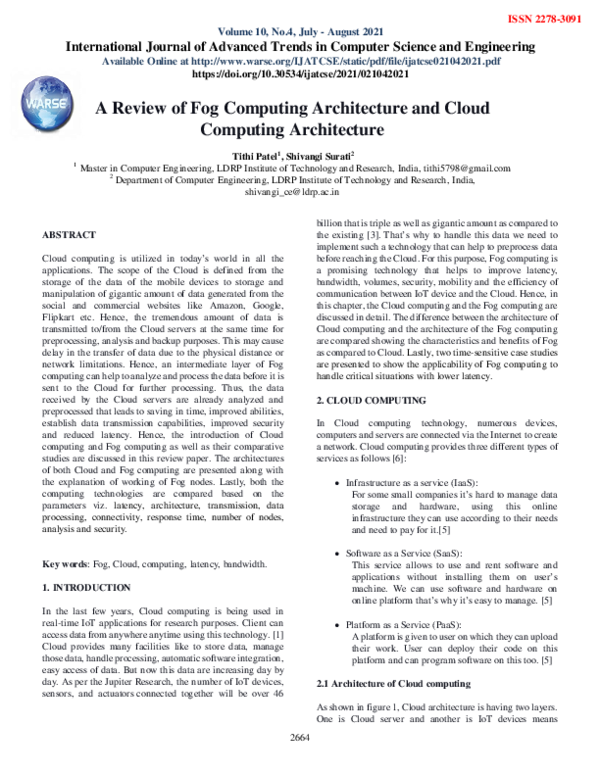 Pdf A Review Of Fog Computing Architecture And Cloud Computing Architecture