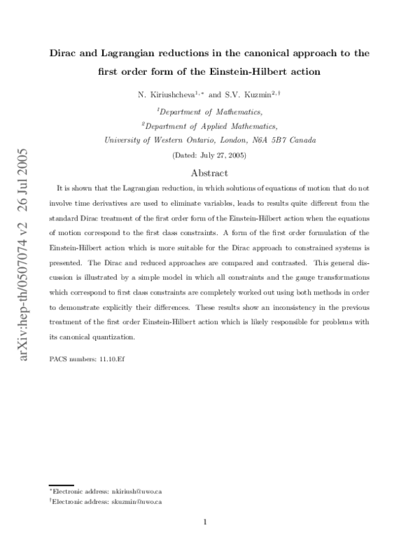 (PDF) Dirac and Lagrangian reductions in the canonical approach to the ...