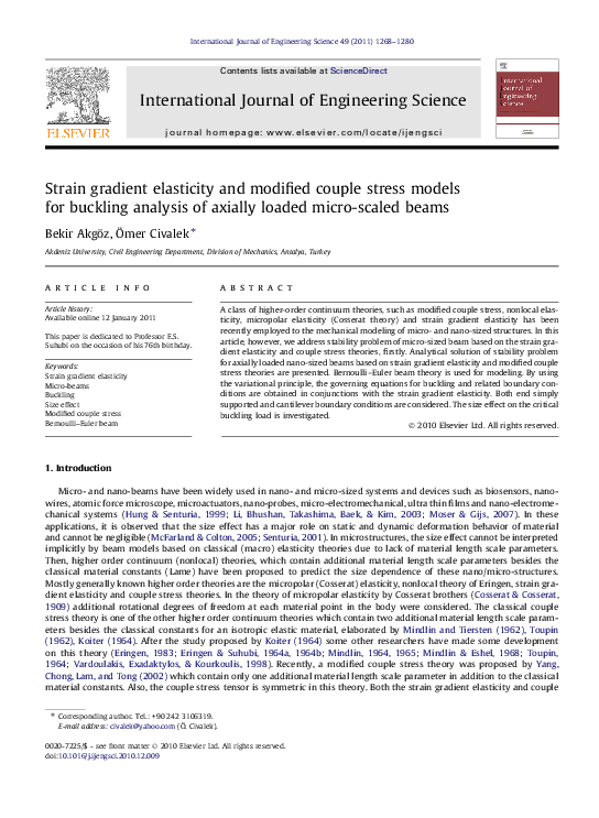 (PDF) Strain gradient elasticity and modified couple stress models for buckling analysis of ...