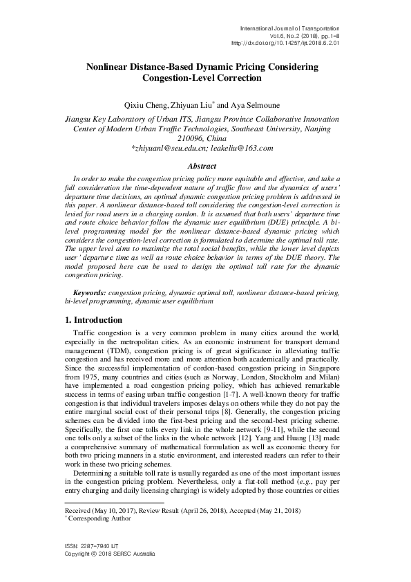 (PDF) Nonlinear Distance-Based Dynamic Pricing Considering Congestion ...