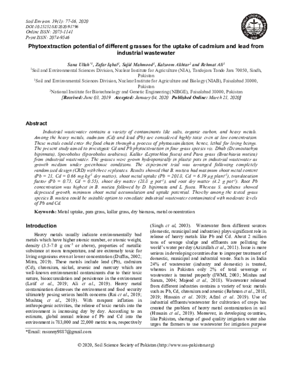 (PDF) Phytoextraction potential of different grasses for the uptake of cadmium and lead from ...