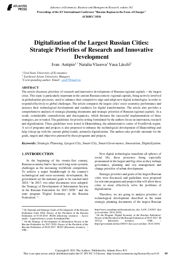 (PDF) Digitalization of the Largest Russian Cities: Strategic ...