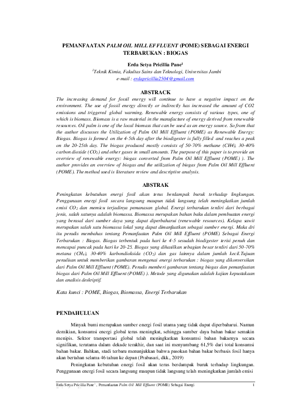 (PDF) Erda Setya Pricillia Pane 1 , Pemanfaatan Palm Oil Mill Effluent (POME) Sebagai Energi ...