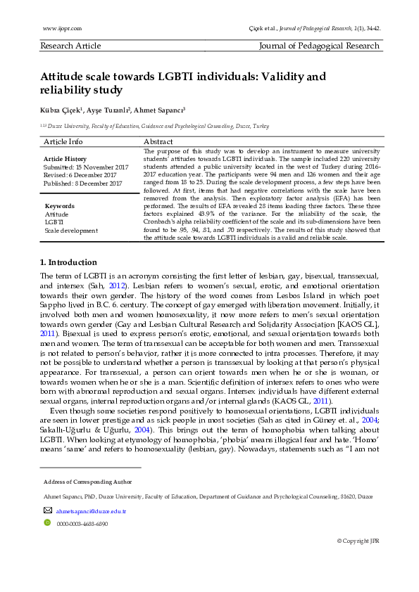 (PDF) Attitude scale towards LGBTI individuals: Validity and reliability study