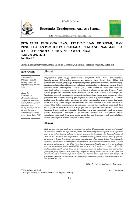 (PDF) Pengaruh Pengangguran, Pertumbuhan Ekonomi, Dan Pengeluaran Pemerintah Terhadap ...