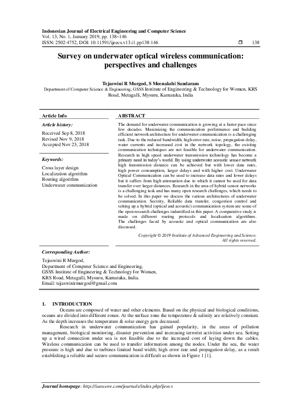 Pdf Survey On Underwater Optical Wireless Communication Perspectives And Challenges
