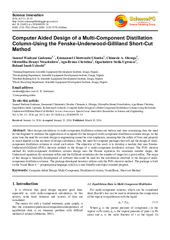 (PDF) Computer Aided Design of a Multi-Component Distillation Column-Using the Fenske-Underwood ...