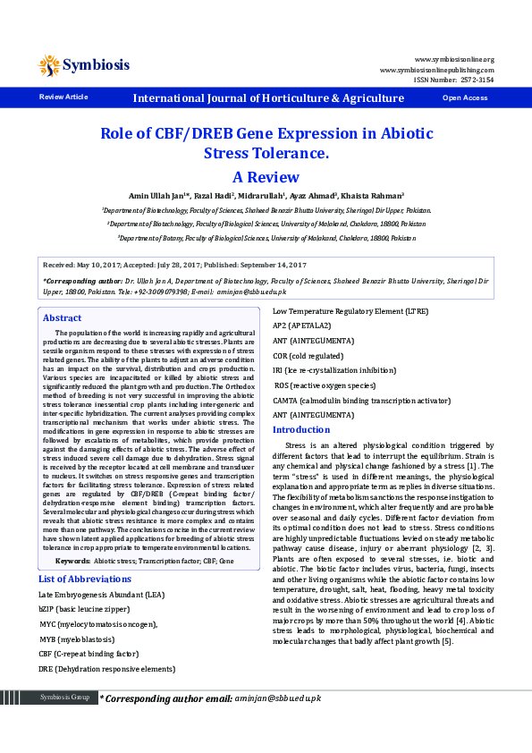 (PDF) Role of CBF/DREB Gene Expression in Abiotic Stress Tolerance. A ...