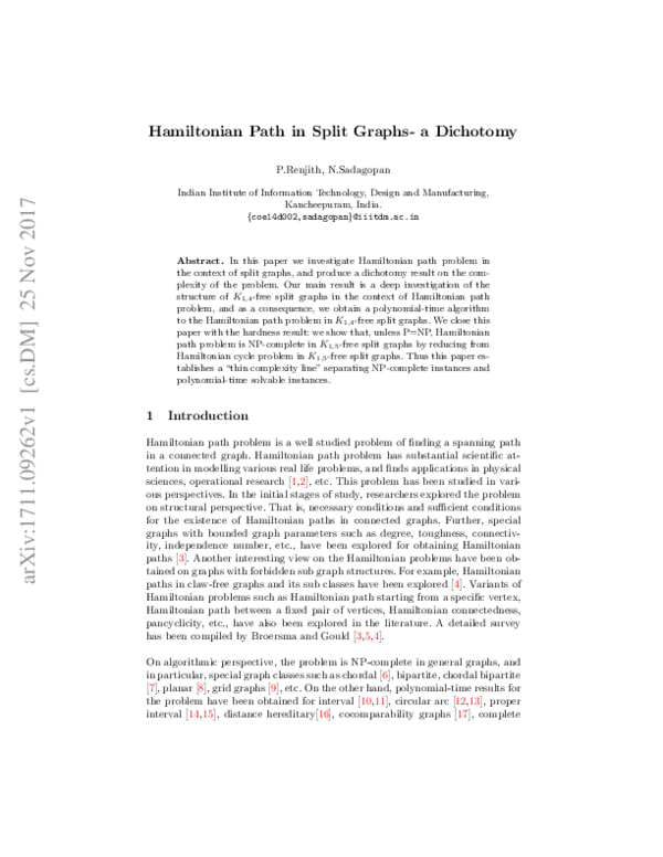(PDF) Hamiltonian Path in Split Graphs- a Dichotomy