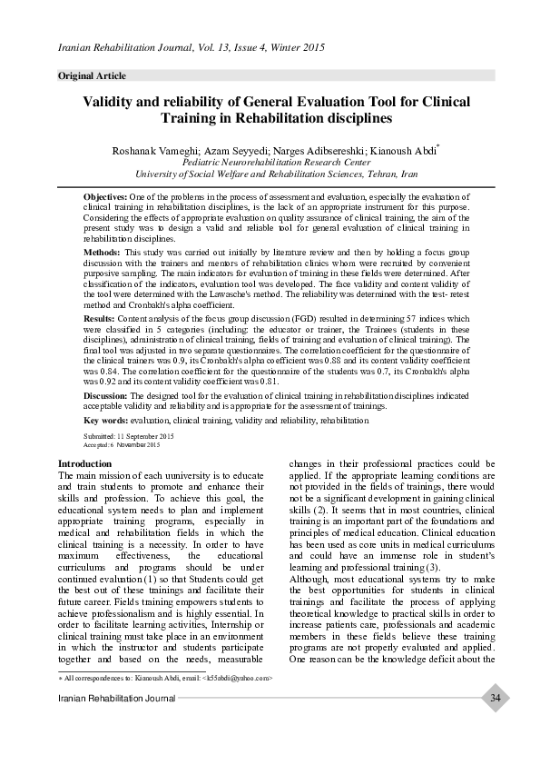 (PDF) Validity and Reliability of General Evaluation Tool for Clinical Training in ...
