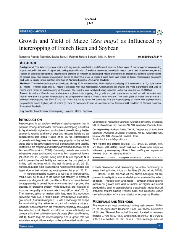 (PDF) Growth and Yield of Maize (Zea mays) as Influenced by Intercropping of French Bean and Soybean