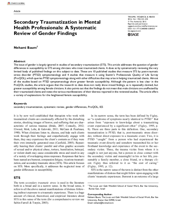 (PDF) Secondary Traumatization in Mental Health Professionals