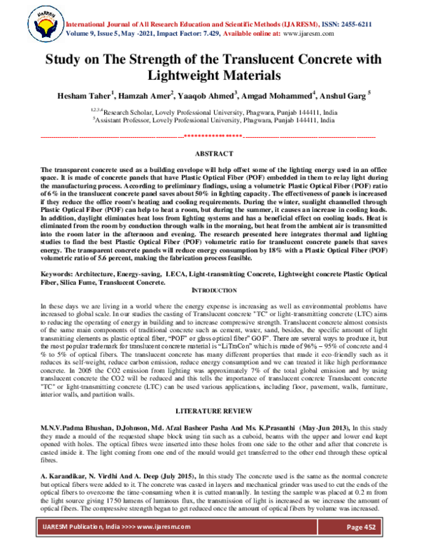(PDF) Study on The Strength of the Translucent Concrete with Lightweight Materials