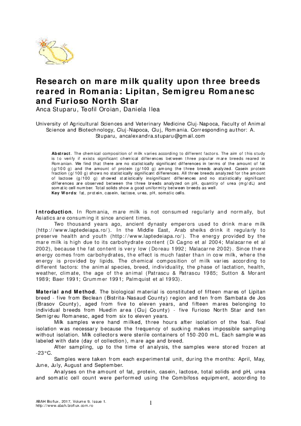 (PDF) Research on mare milk quality upon three breeds reared in Romania ...