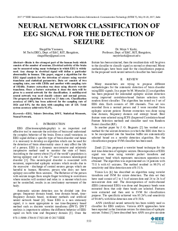 (PDF) Neural network classification of EEG signal for the detection of seizure