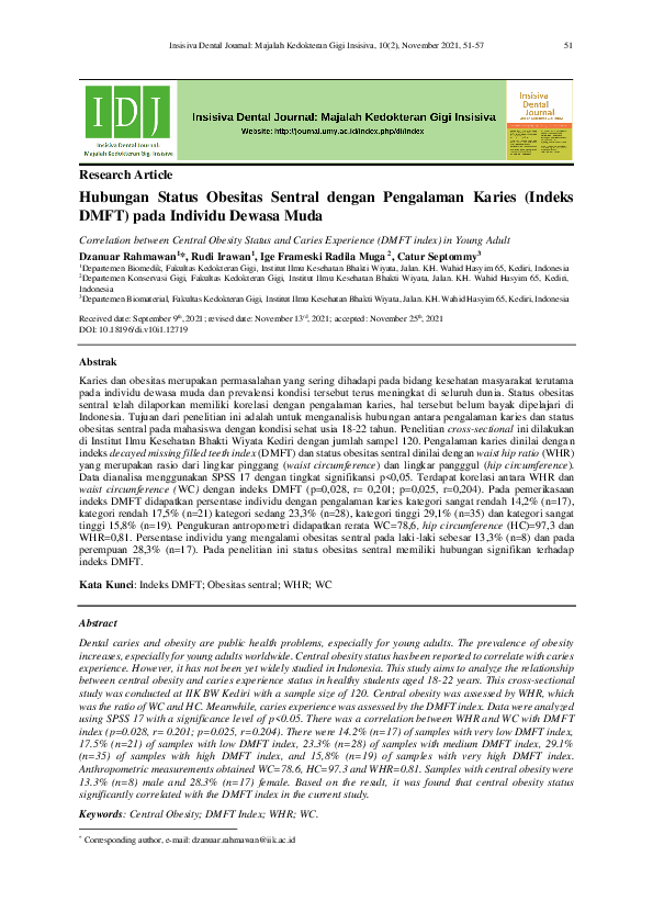 (PDF) Hubungan Status Obesitas Sentral dengan Pengalaman Karies (Indeks DMFT) pada Individu ...