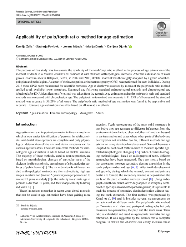 (PDF) Applicability of pulp/tooth ratio method for age estimation