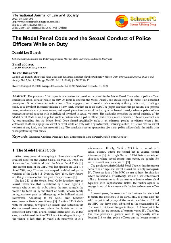 (PDF) The Model Penal Code and the Sexual Conduct of Police Officers ...