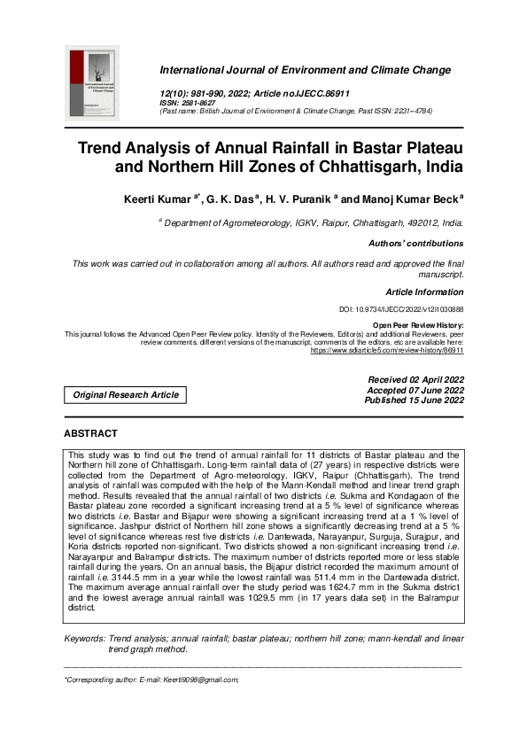 (PDF) Trend Analysis of Annual Rainfall in Bastar Plateau and Northern ...
