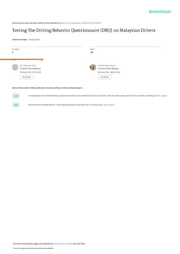 (PDF) Testing the Driving Behavior Questionnaire (DBQ) on Malaysian drivers