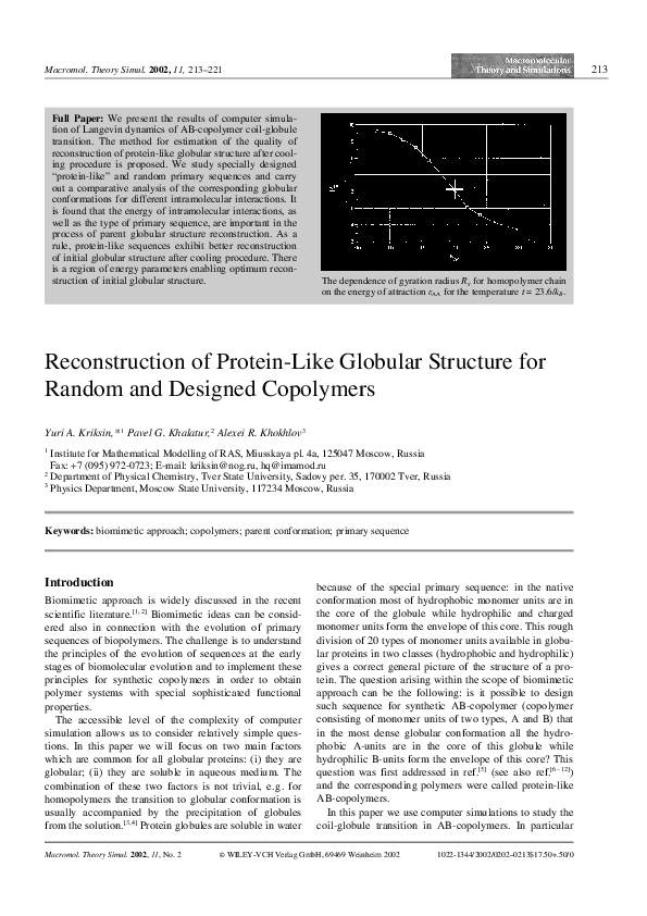 (PDF) Reconstruction of Protein-Like Globular Structure for Random and ...
