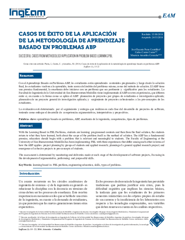 (PDF) Casos De Éxito De La Aplicación De La Metodología De Aprendizaje Basado en Problemas Abp