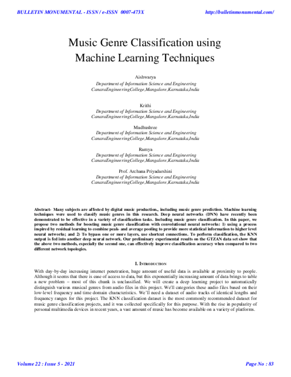 (PDF) Music Genre Classification using Machine Learning Techniques