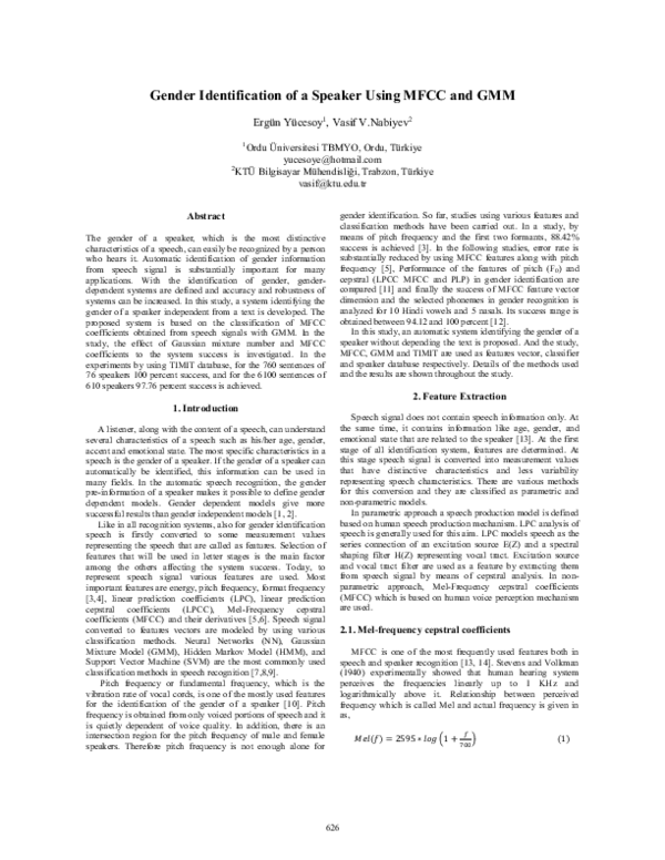 Pdf Gender Identification Of A Speaker Using Mfcc And Gmm