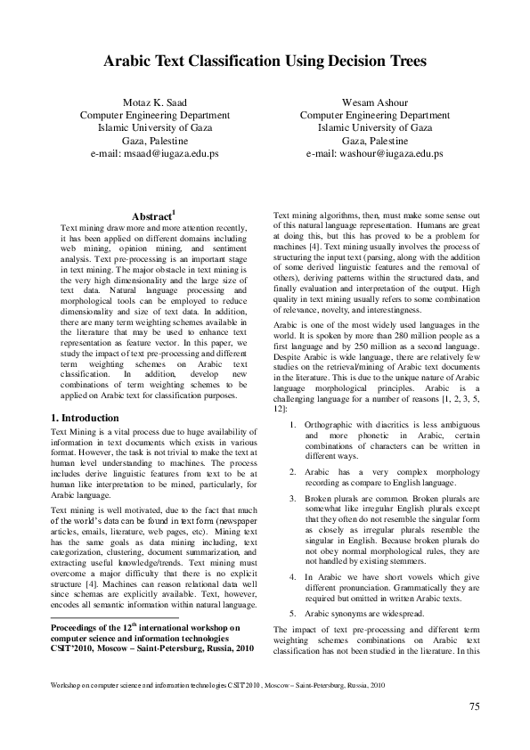 Pdf Arabic Text Classification Using Decision Trees