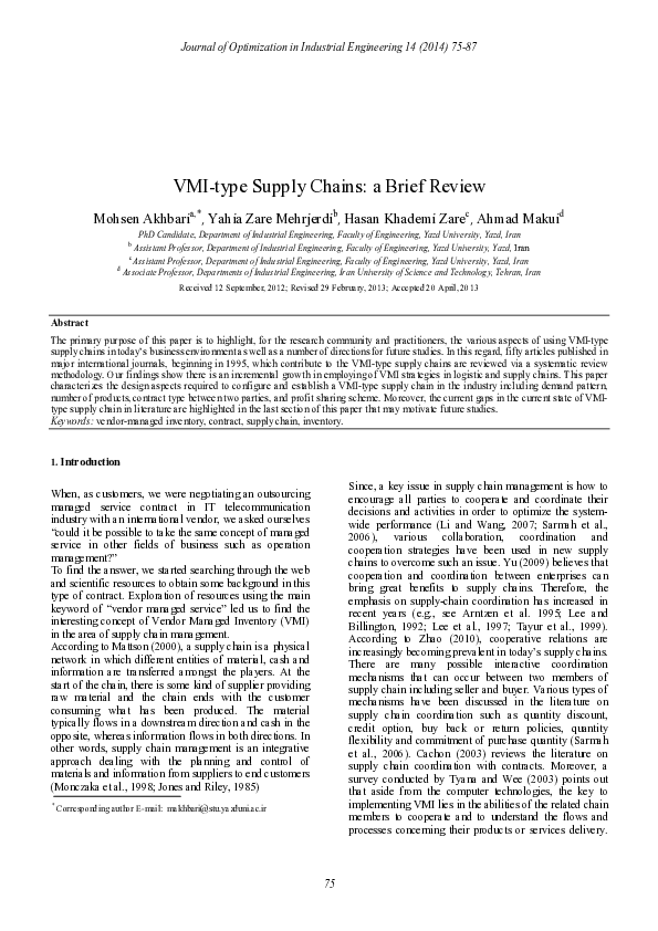 (PDF) VMI-type Supply Chains: a Brief Review