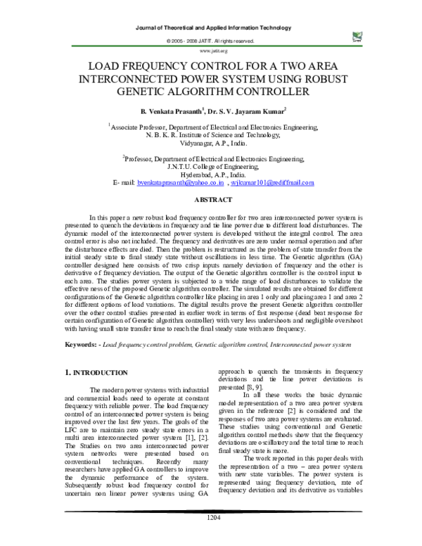 (PDF) Load Frequency Control for a Two Area Interconnected Power System Using Robust Genetic ...