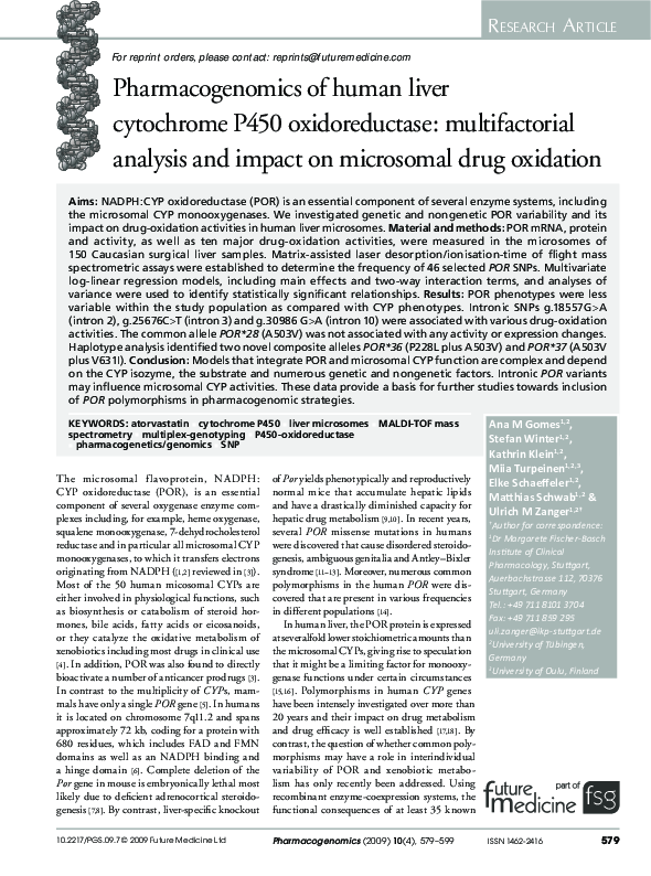 (PDF) Pharmacogenomics of human liver cytochrome P450 oxidoreductase: multifactorial analysis ...