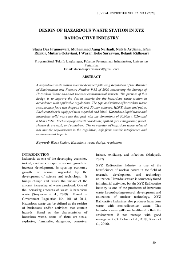 (PDF) Design of Hazardous Waste Station in Xyz Radioactive Industry
