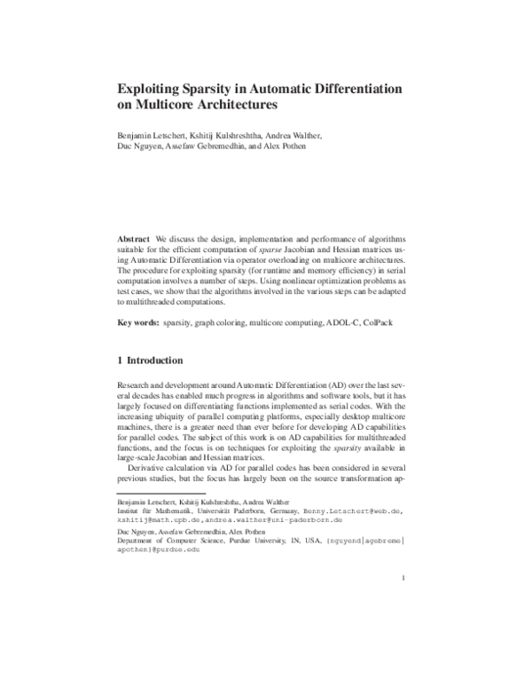 Pdf Exploiting Sparsity In Automatic Differentiation On Multicore Architectures Duc Nguyen