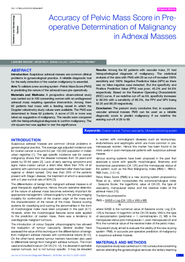 (PDF) Accuracy of Pelvic Mass Score in Pre-operative Determination of ...
