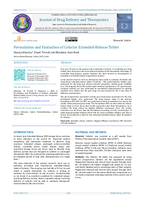 Pdf Formulation And Evaluation Of Cefaclor Extended Release Tablet