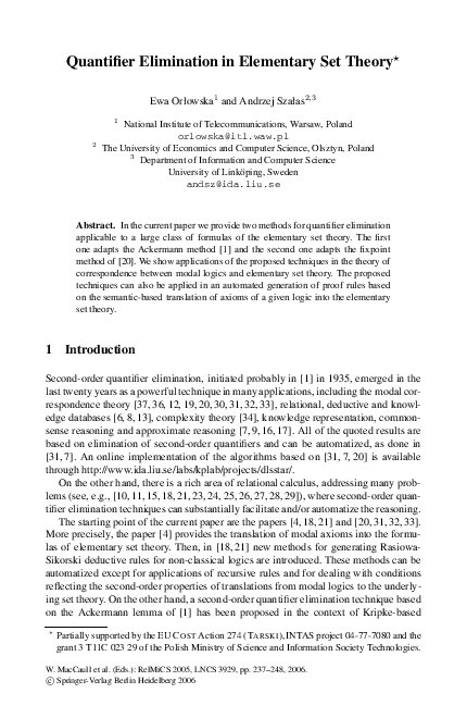 Pdf Quantifier Elimination In Elementary Set Theory Andrzej Szalas