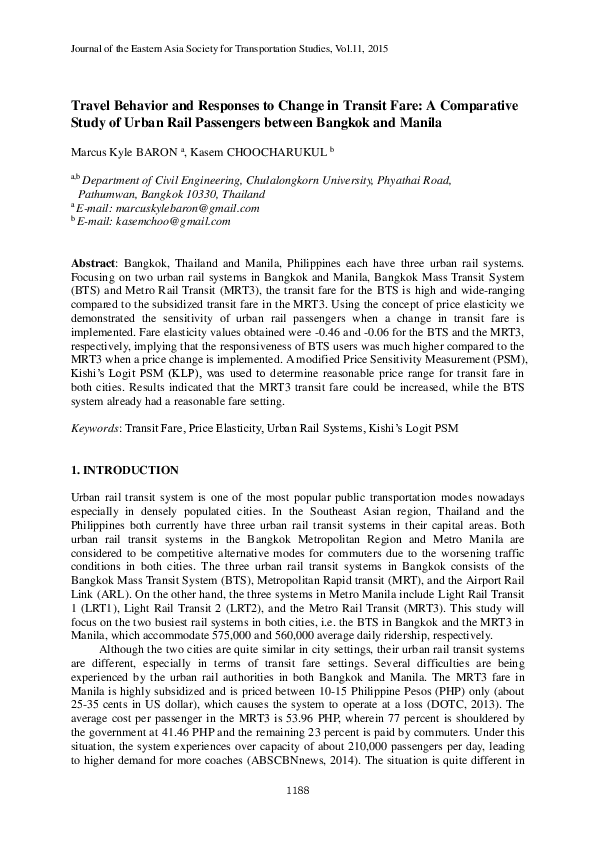 Travel Behavior and Responses to Change in Transit Fare: A Comparative ...